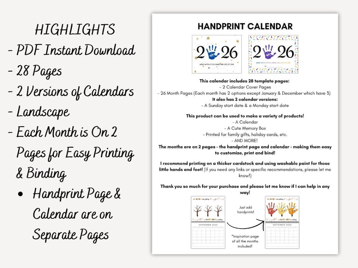 2026 Handprint Calendar Craft | Printable Calendar Keepsake | Handprint ...