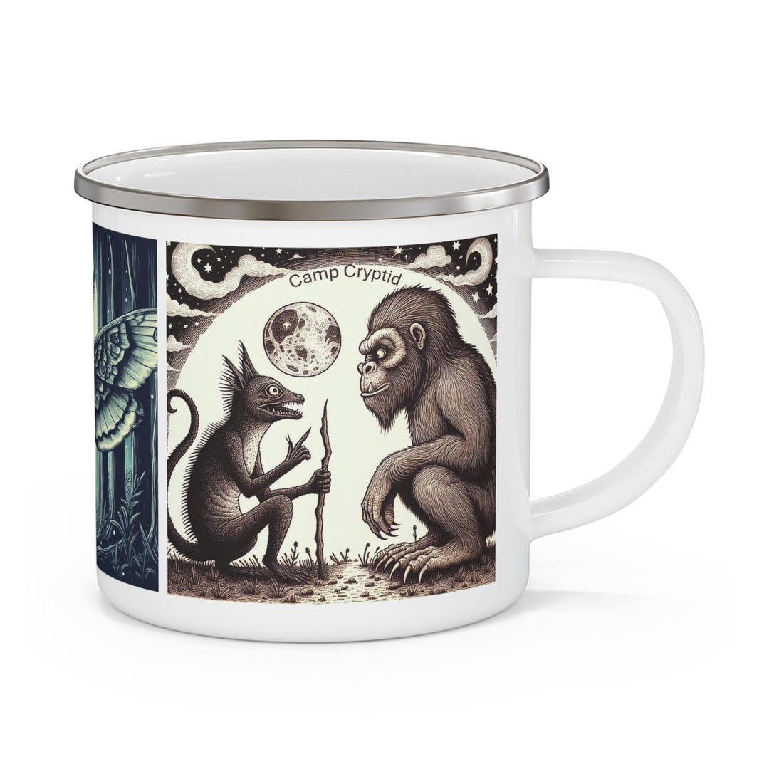 Camp Cryptid Enamel Camping Mug: Bigfoot, Chupacabra, Mothman Having an ...