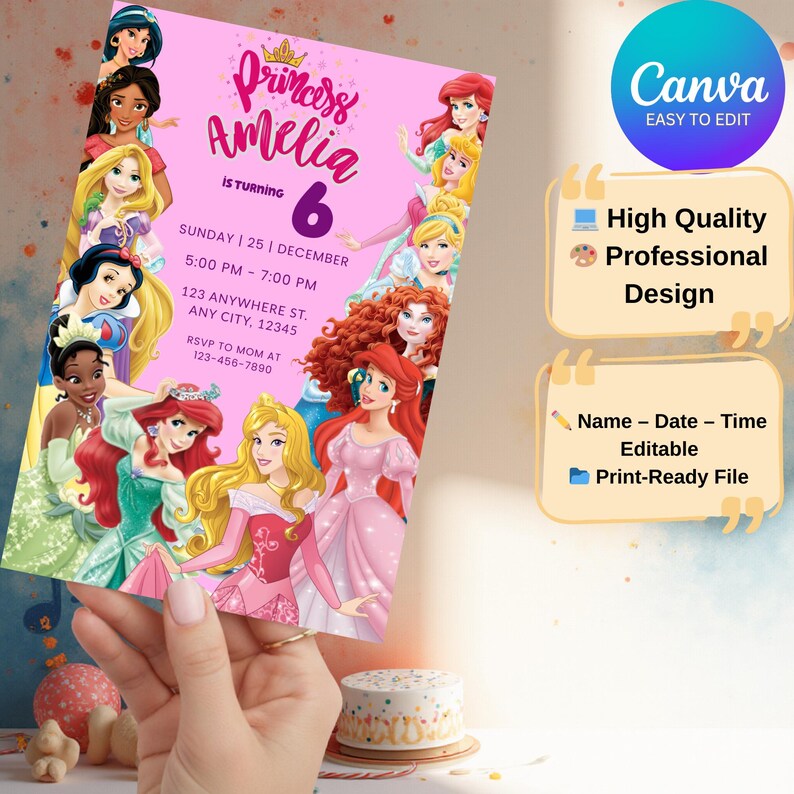 Editable Princess Birthday Invitation| Princess Birthday Template ...