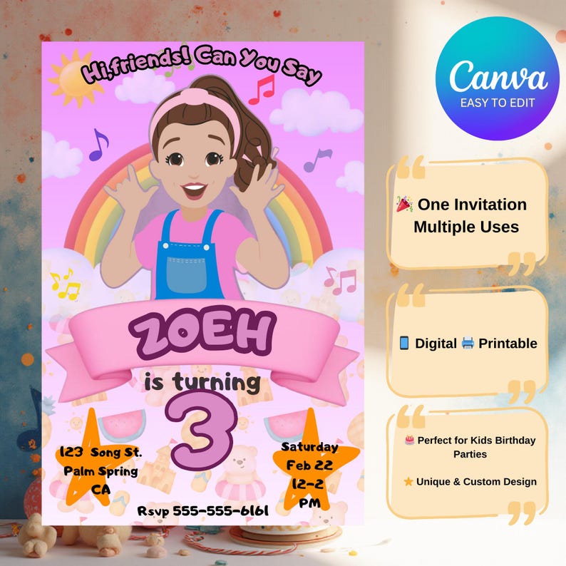 Ms Rachel Birthday Invitation, Ms Rachel Party Invite Template, Ms ...