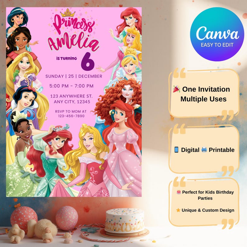 Editable Princess Birthday Invitation| Princess Birthday Template ...