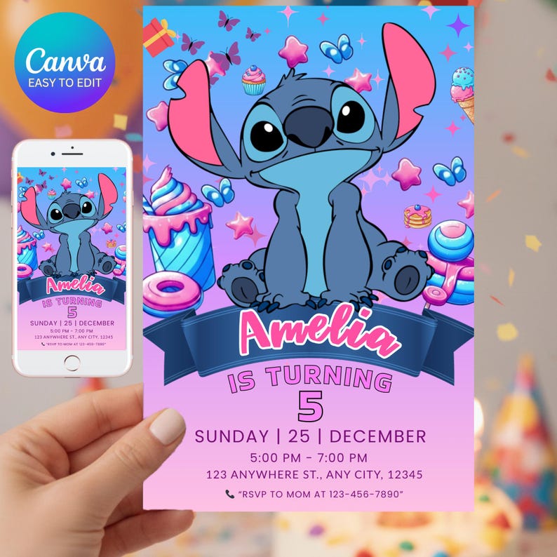Editable Stitch Birthday Invitation, Editable & Printable Template ...