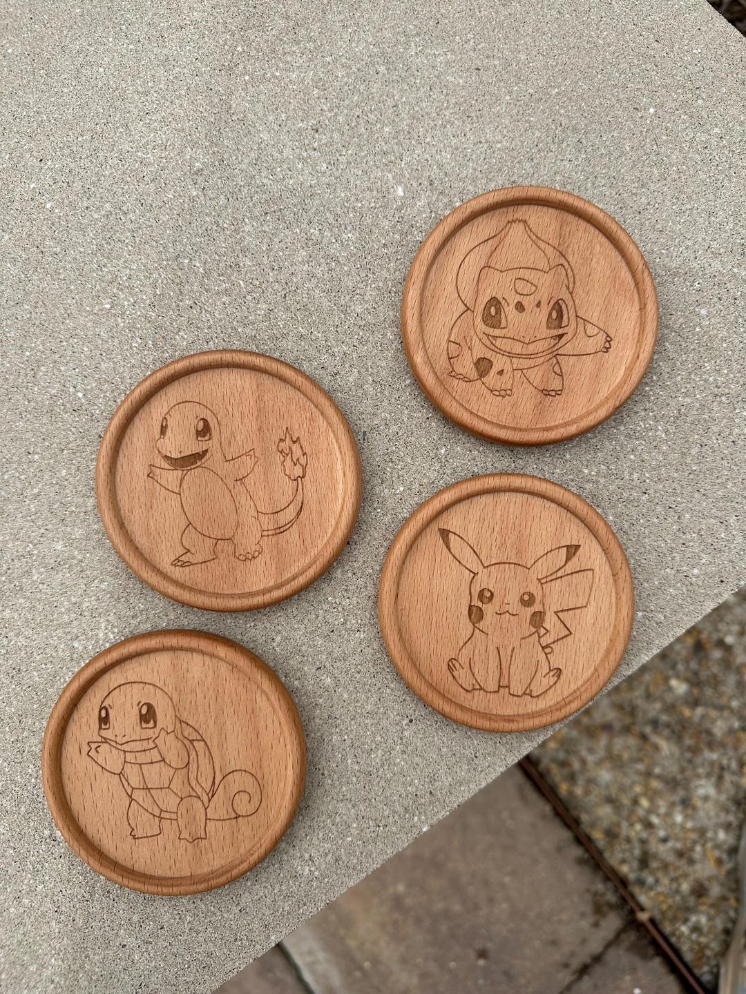 Set of 4 Pokemon Engraved Wooden Round Coasters W/ Lip the Original 4 ...