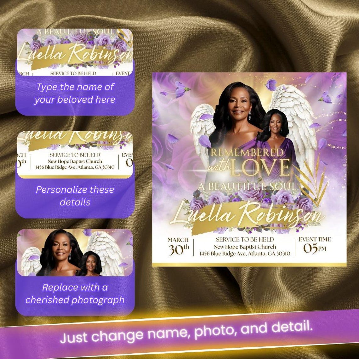 Funeral Invitation, Obituary Template, Purple Gold, Canva Celebration ...