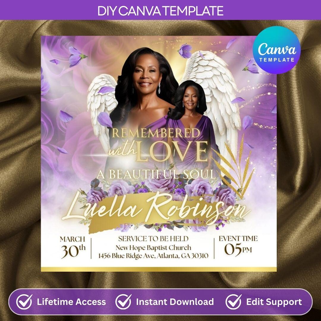 Funeral Invitation, Obituary Template, Purple Gold, Canva Celebration ...