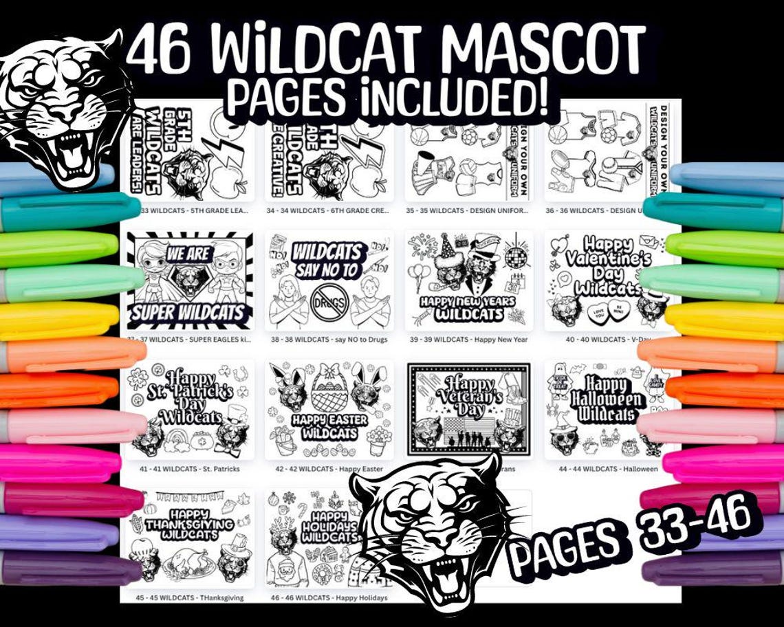 Wildcats Mascot Coloring Pages | 46-page School Activity Bundle ...