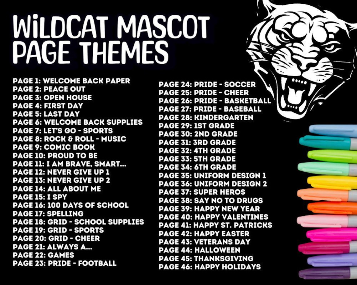 Wildcats Mascot Coloring Pages | 46-page School Activity Bundle ...