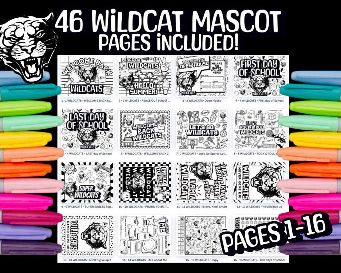 Wildcats Mascot Coloring Pages | 46-page School Activity Bundle ...