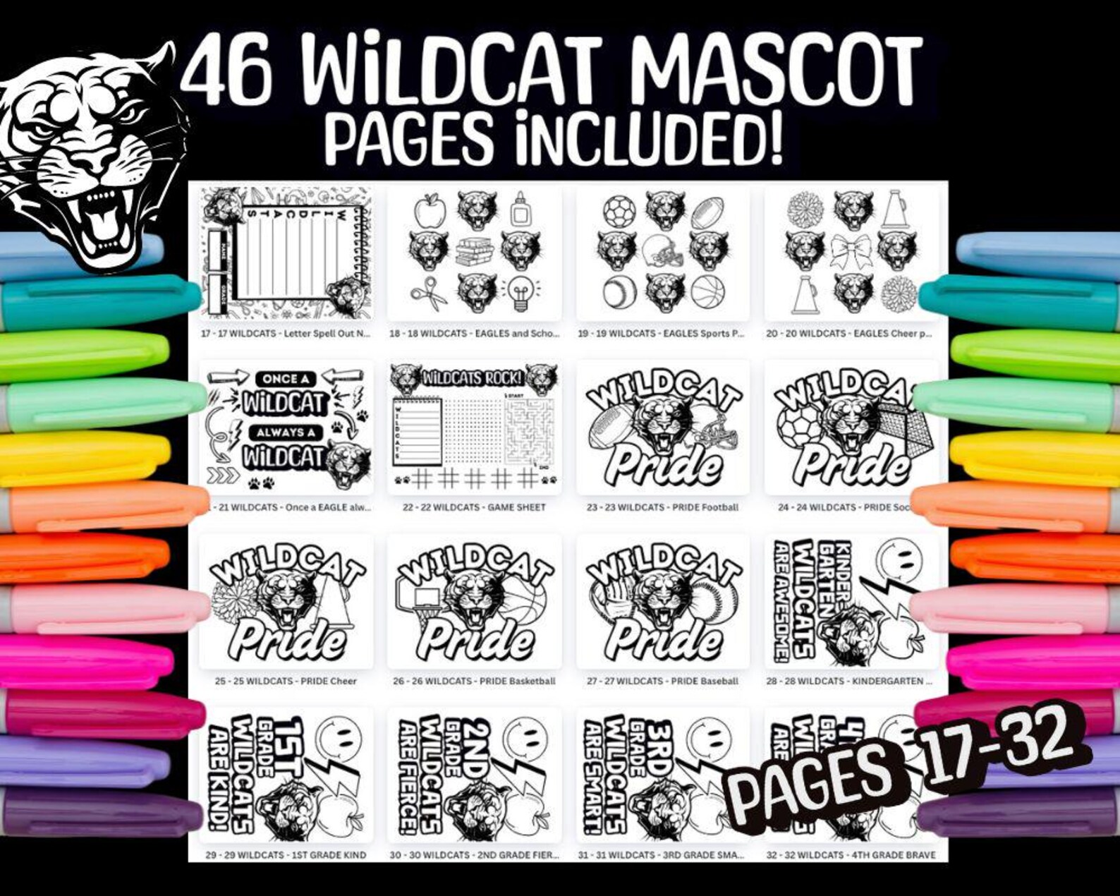 Wildcats Mascot Coloring Pages | 46-page School Activity Bundle ...