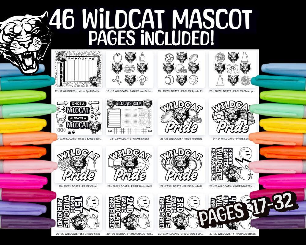 Wildcats Mascot Coloring Pages | 46-page School Activity Bundle ...