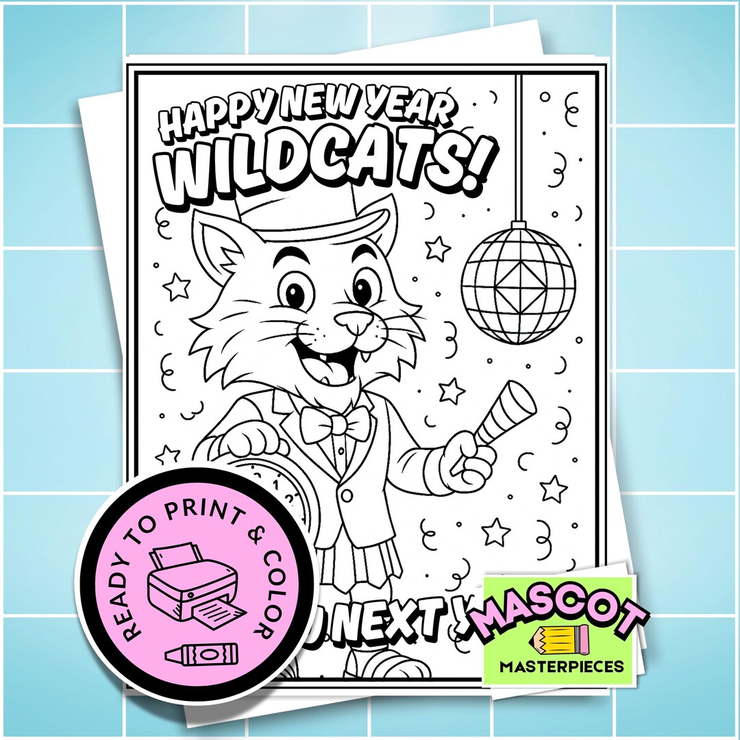WILDCATS New Years Mascot Coloring Page | Classroom Party I Instant ...