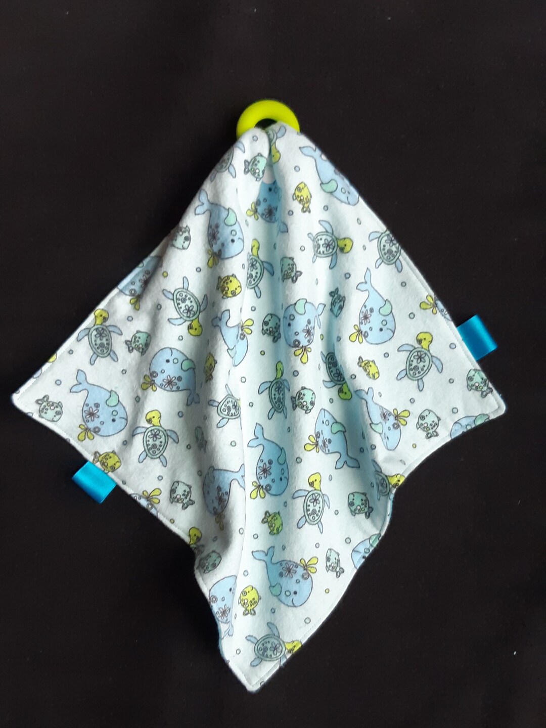 Turtle Baby Lovey Blanket: Sensory Tag, Blue Flannel Back - Etsy