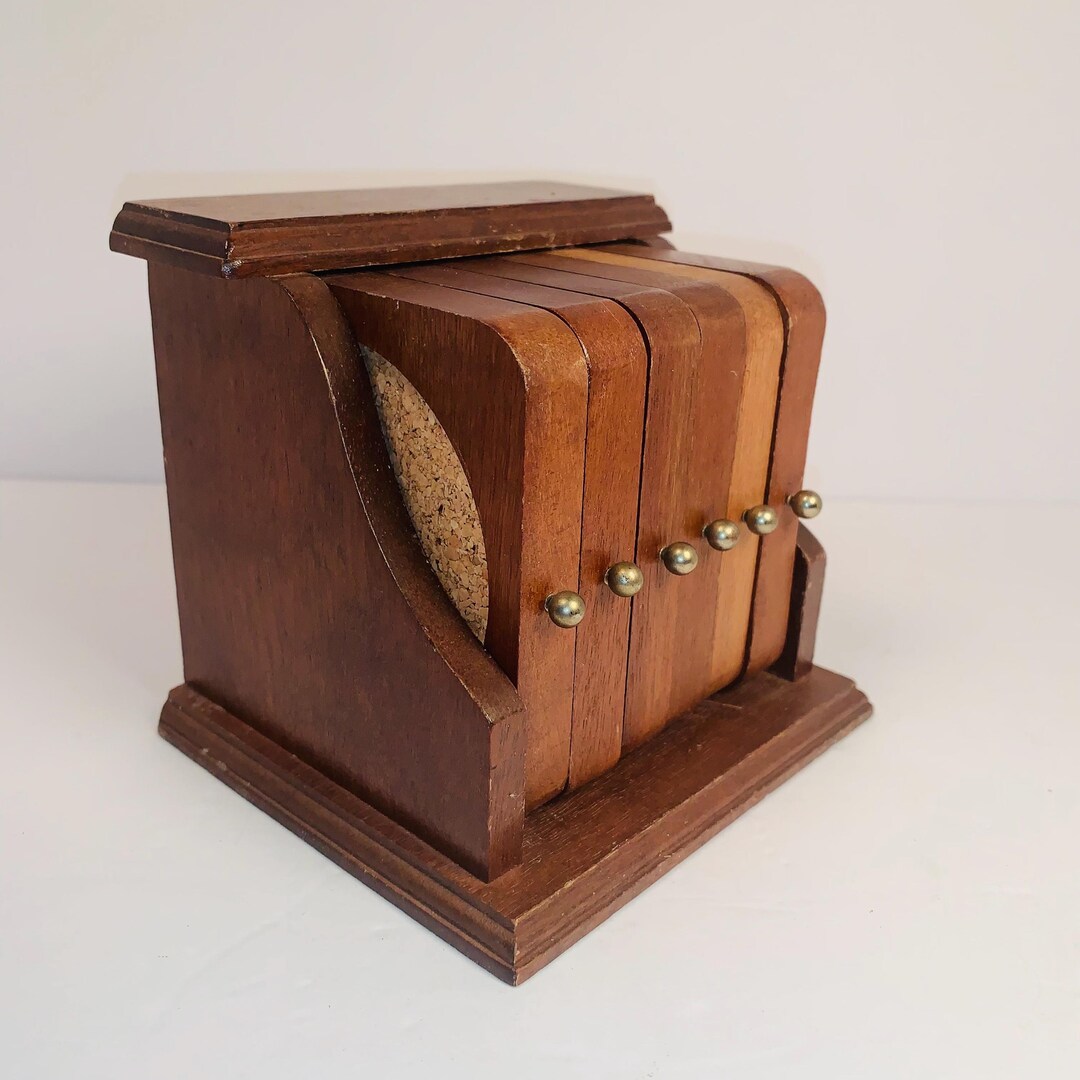 Vintage Wood & Cork Coaster Box Set MCM Retro - Etsy
