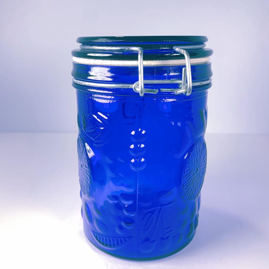 Vintage Colbalt Blue Embossed Fruit Pattern Glass Canister With Wire ...