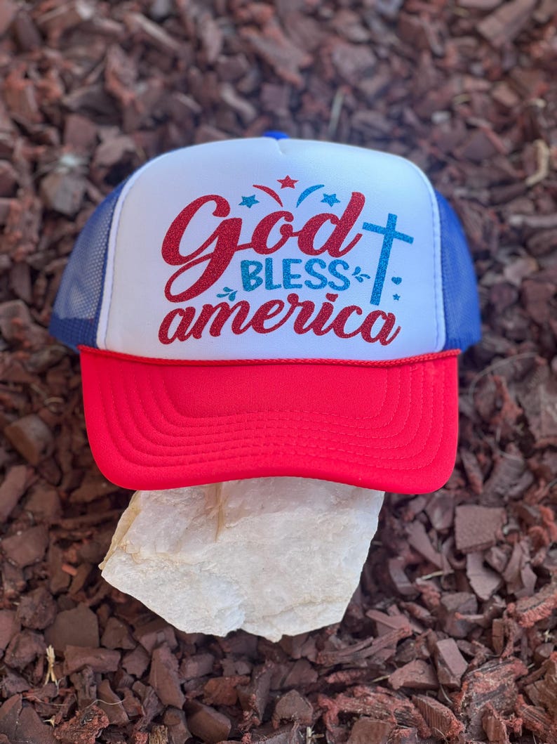 God Bless America - Trucker Hat - USA - Cross - Glitter - Red and Blue ...