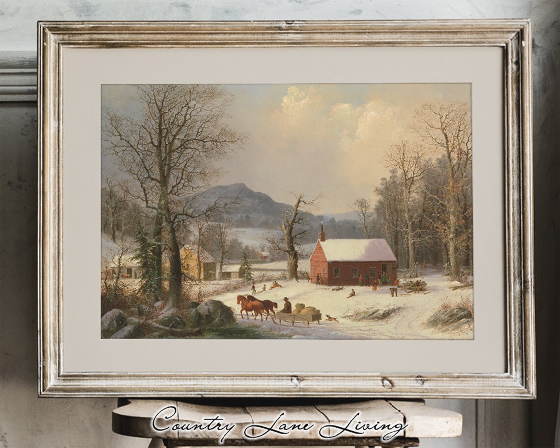 Red School House Winter Landscape Oil Painting Download - Etsy