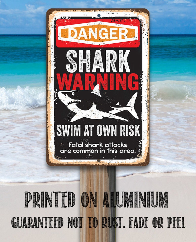 Tin Metal Sign Shark Warning Swim at Own Risk - Etsy