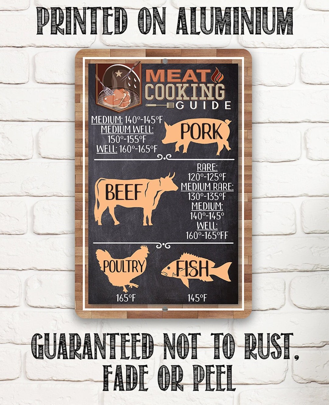 Tin Metal Sign Meat Temperatures Meat Cooking Guide 8x12 or 12x18 Use ...