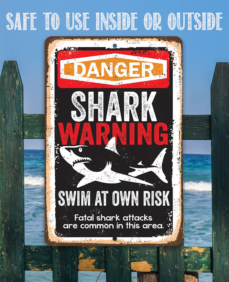 Tin Metal Sign Shark Warning Swim at Own Risk - Etsy