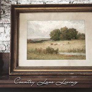 Meadow Stream Landscape Oil Painting Cool Toned Vintage Rustic Art ...