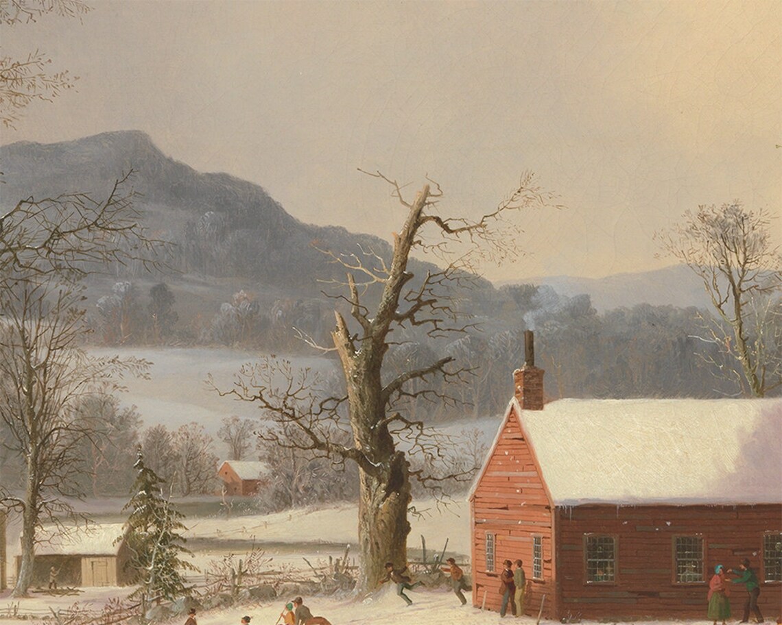 Red School House Winter Landscape Oil Painting Download - Etsy