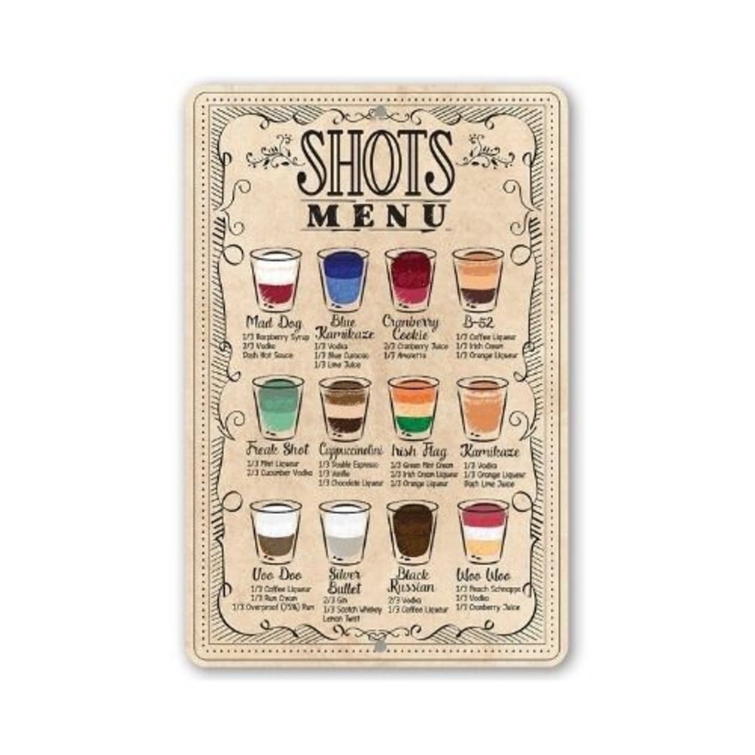 Metal Sign Shots Menu Durable Metal Sign Use Indoor/outdoor Great Bar ...