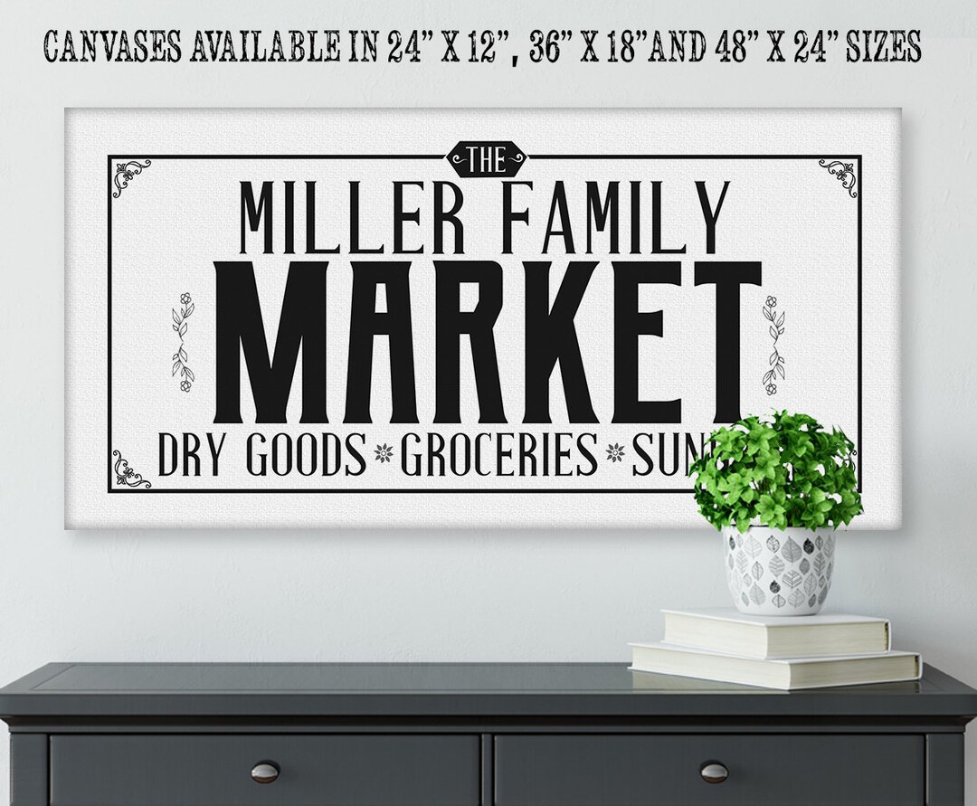 Personalized Family Name Market Large Black and White Canvas Stretched ...