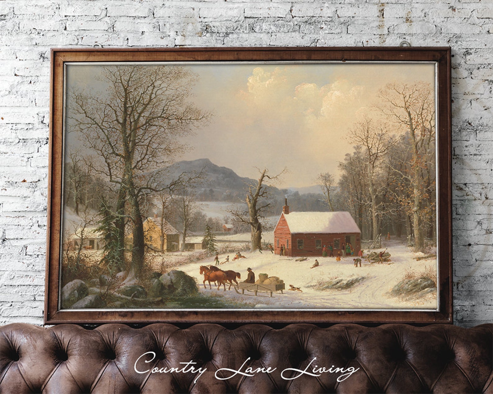 Red School House Winter Landscape Oil Painting Download - Etsy