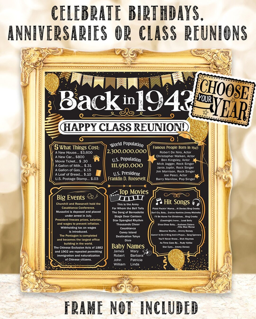 80th High School Reunion Decoration in Gold or Rose Gold Class of 1943 ...