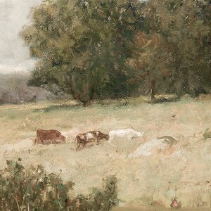 Meadow Stream Landscape Oil Painting Cool Toned Vintage Rustic Art ...