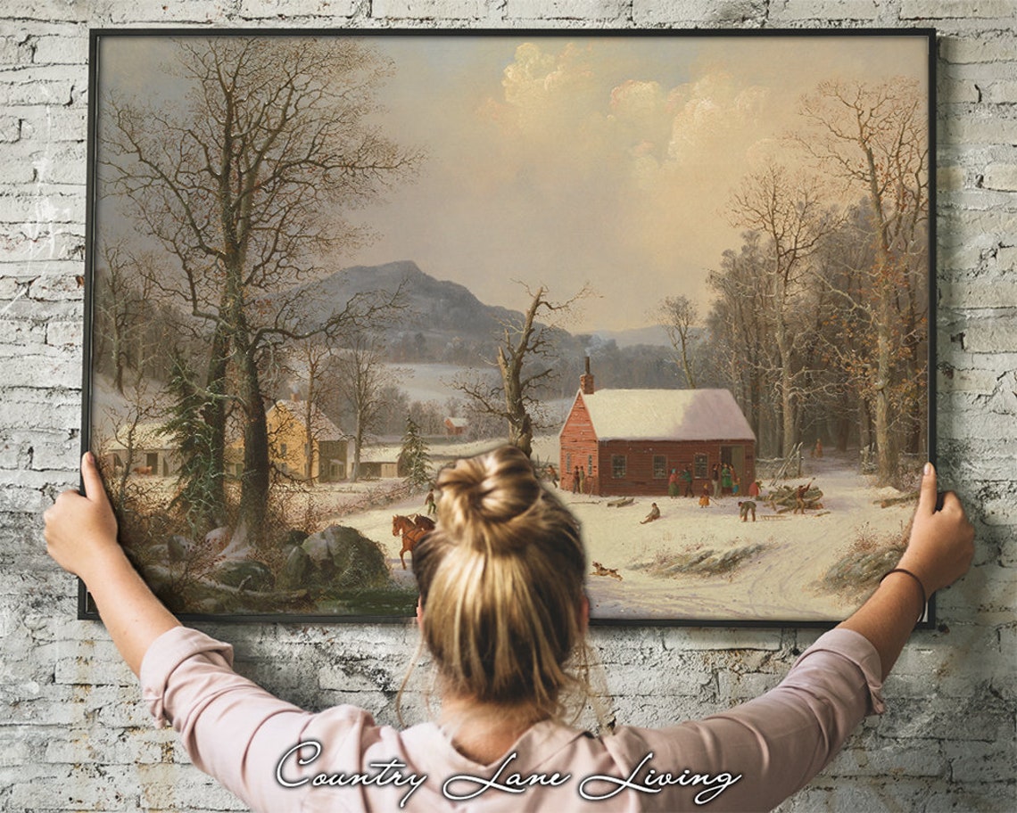 Red School House Winter Landscape Oil Painting Download - Etsy