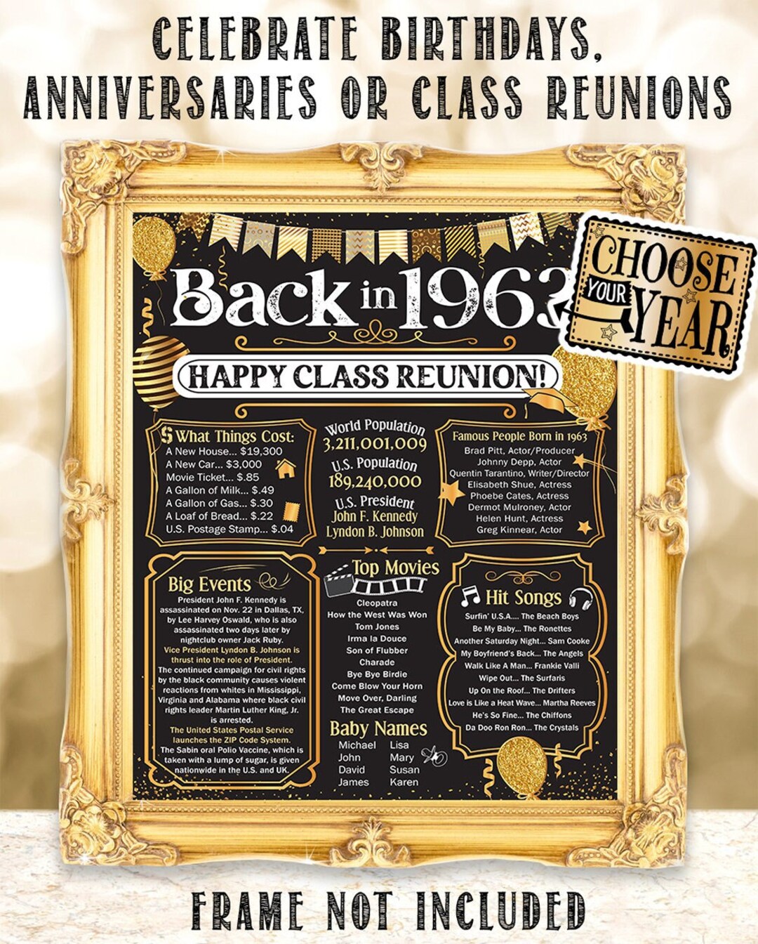 60th High School Reunion Decoration in Gold or Rose Gold Class of 1963 ...