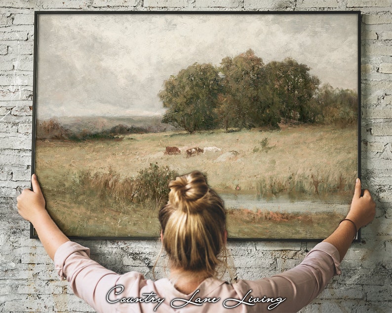 Meadow Stream Landscape Oil Painting Cool Toned Vintage - Etsy