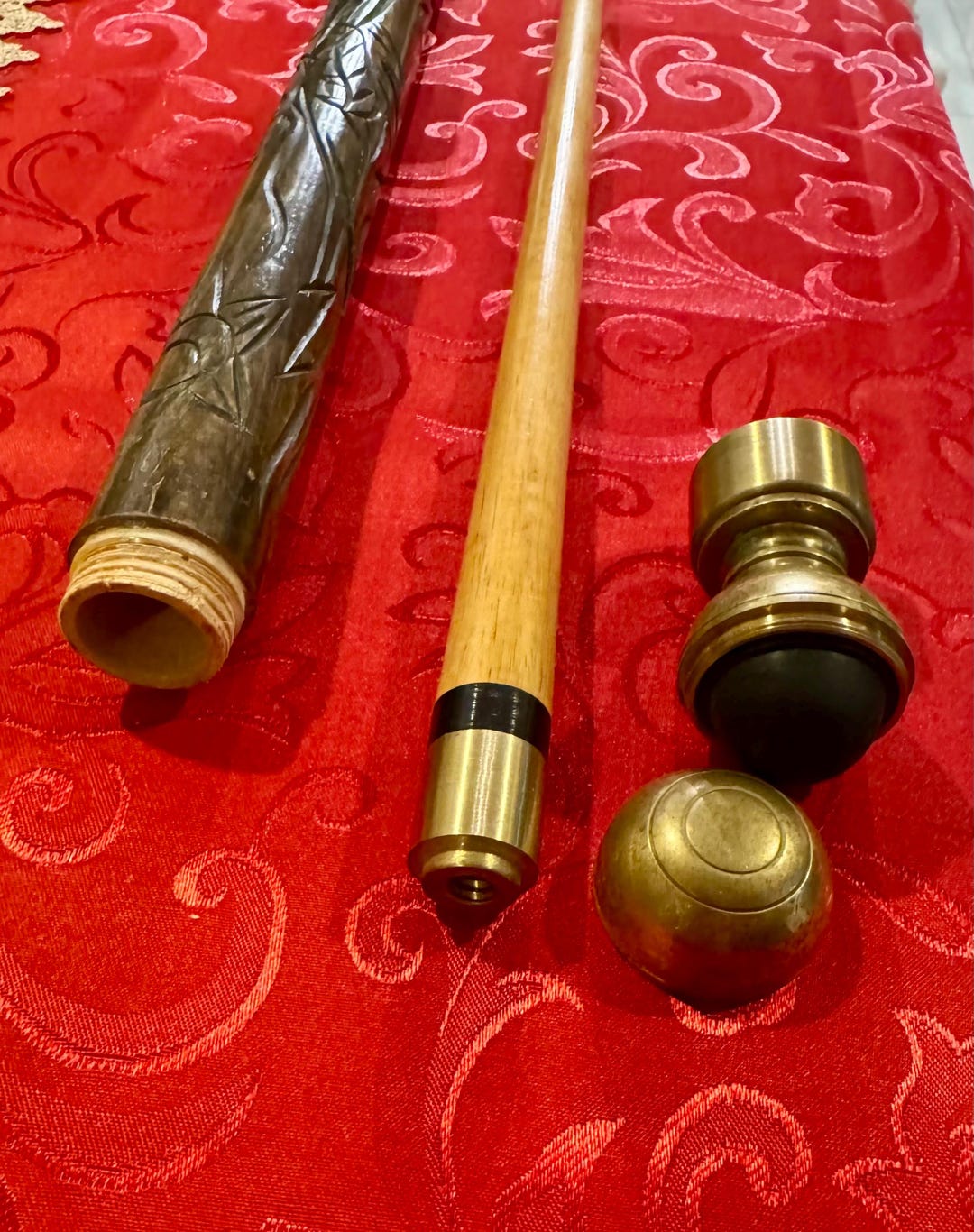 Vintage Hidden Pool Cue/cane With Hand Carved Decorative Wood and Brass ...