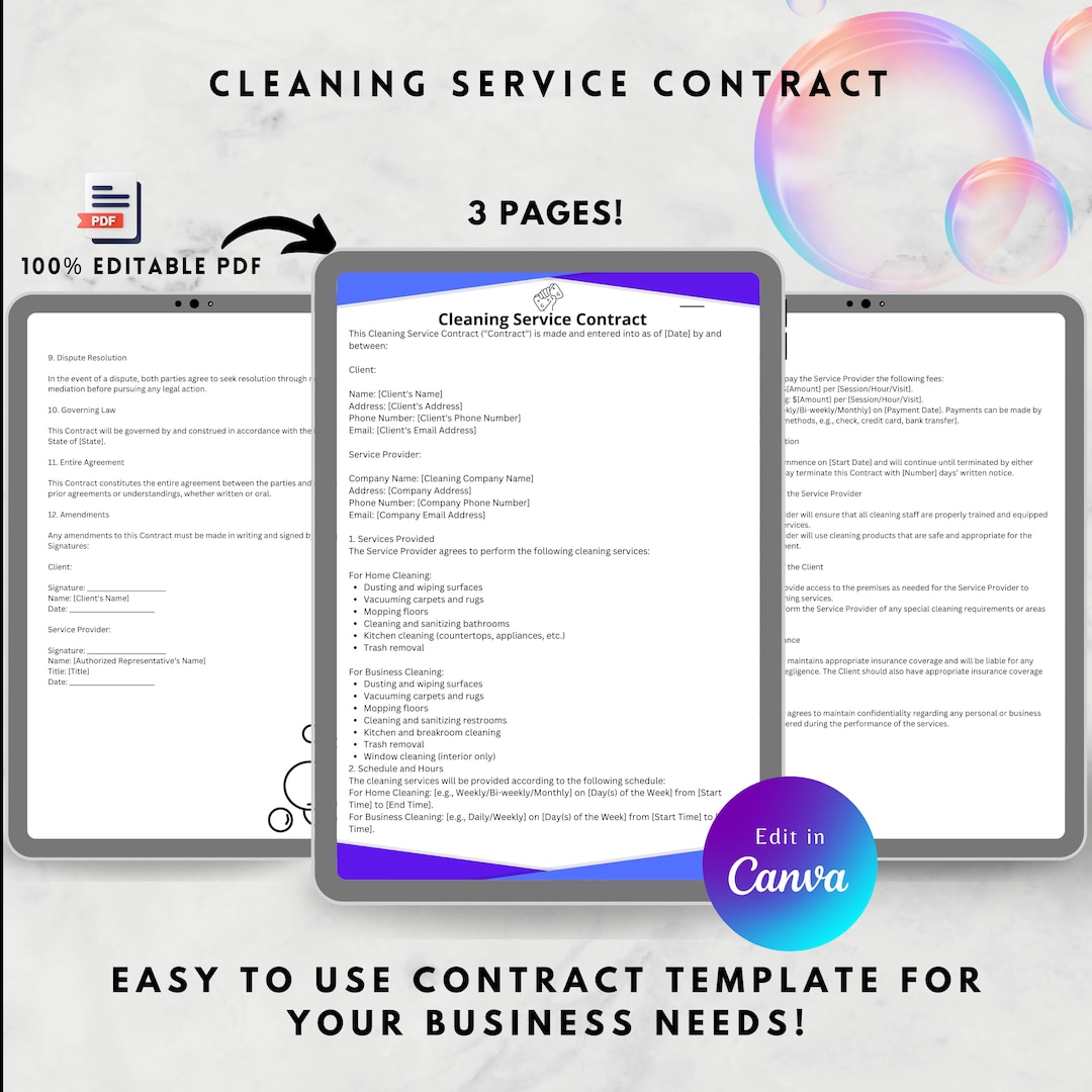 Editable Cleaning Services Agreement,cleaning Contract,cleaning ...