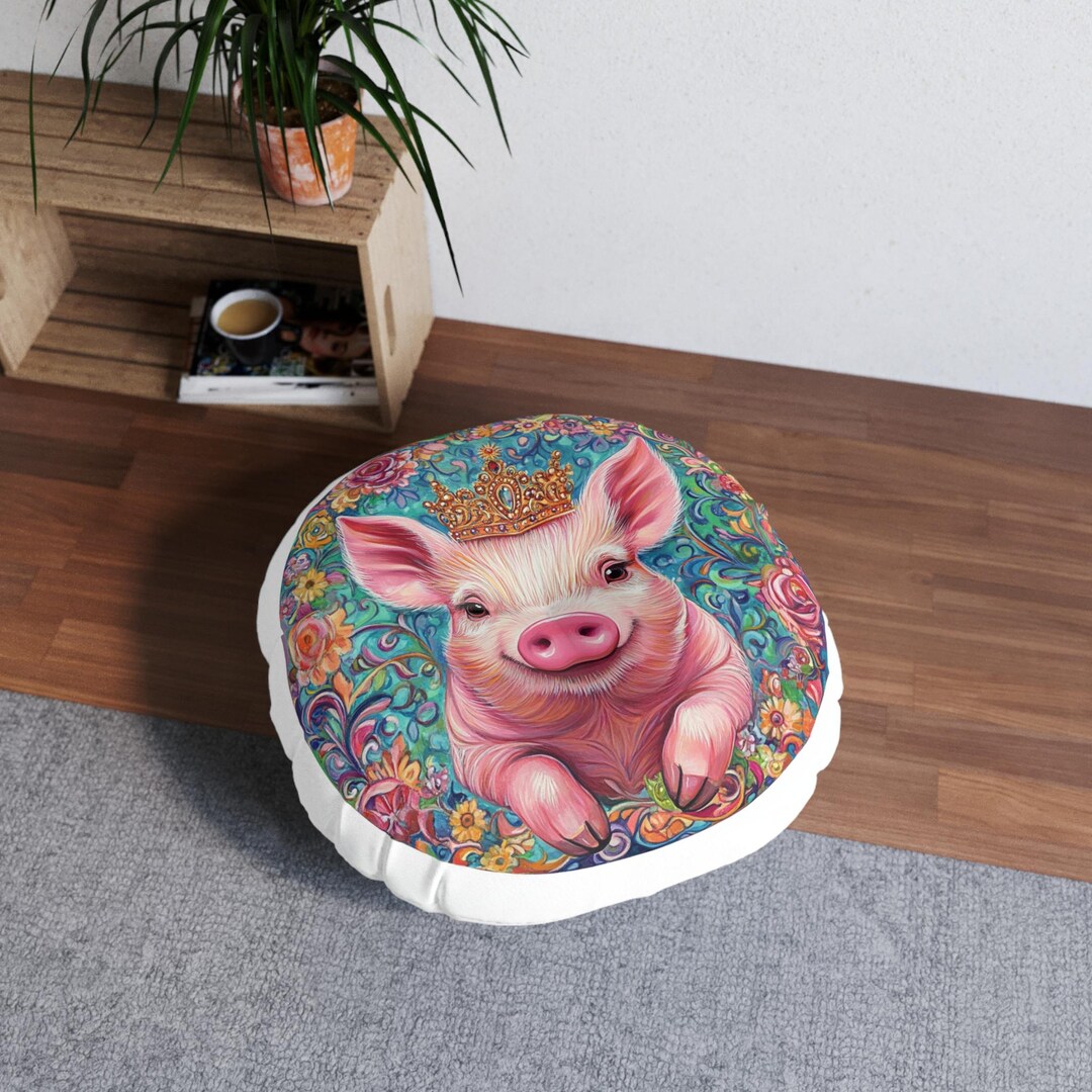 Princessl Pig Round Tufted Floor Pillow, Boho Home Decor, Cute Animal ...