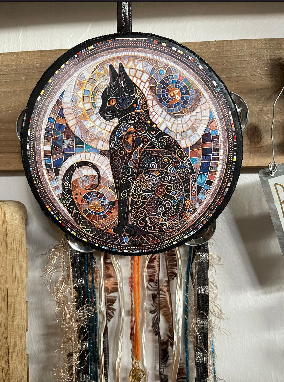 Charmed Mystical Sitting Black Cat Tambourine With Ribbon and Charm ...