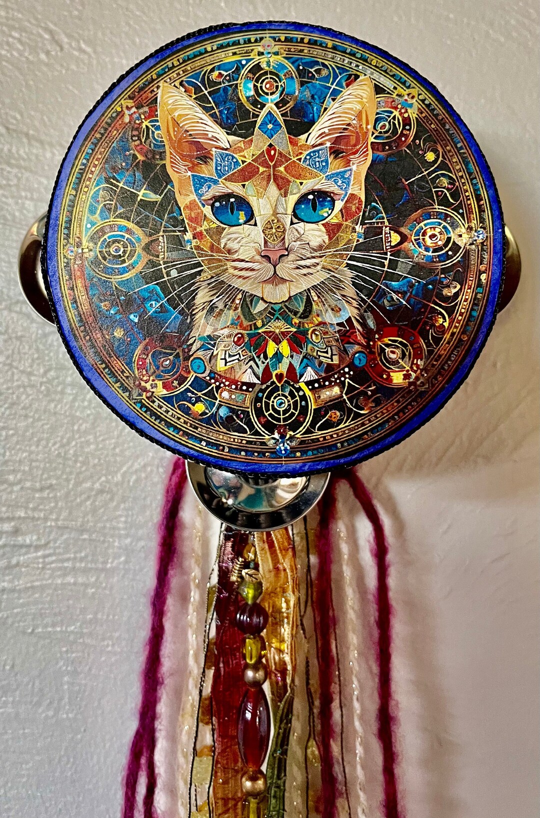 Charmed Hamsa Cat Tambourine Art, Original Artwork, Decoupage, Black ...