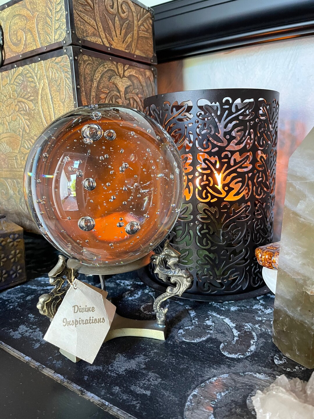 Spectacular Vintage Hand Blown Glass Ball With Ornate Base, Crystal ...