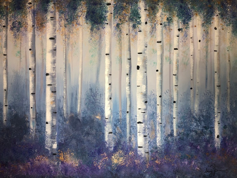 Birch Trees at Twilight, 18 X 24 Original Acrylic Painting on Gallery ...