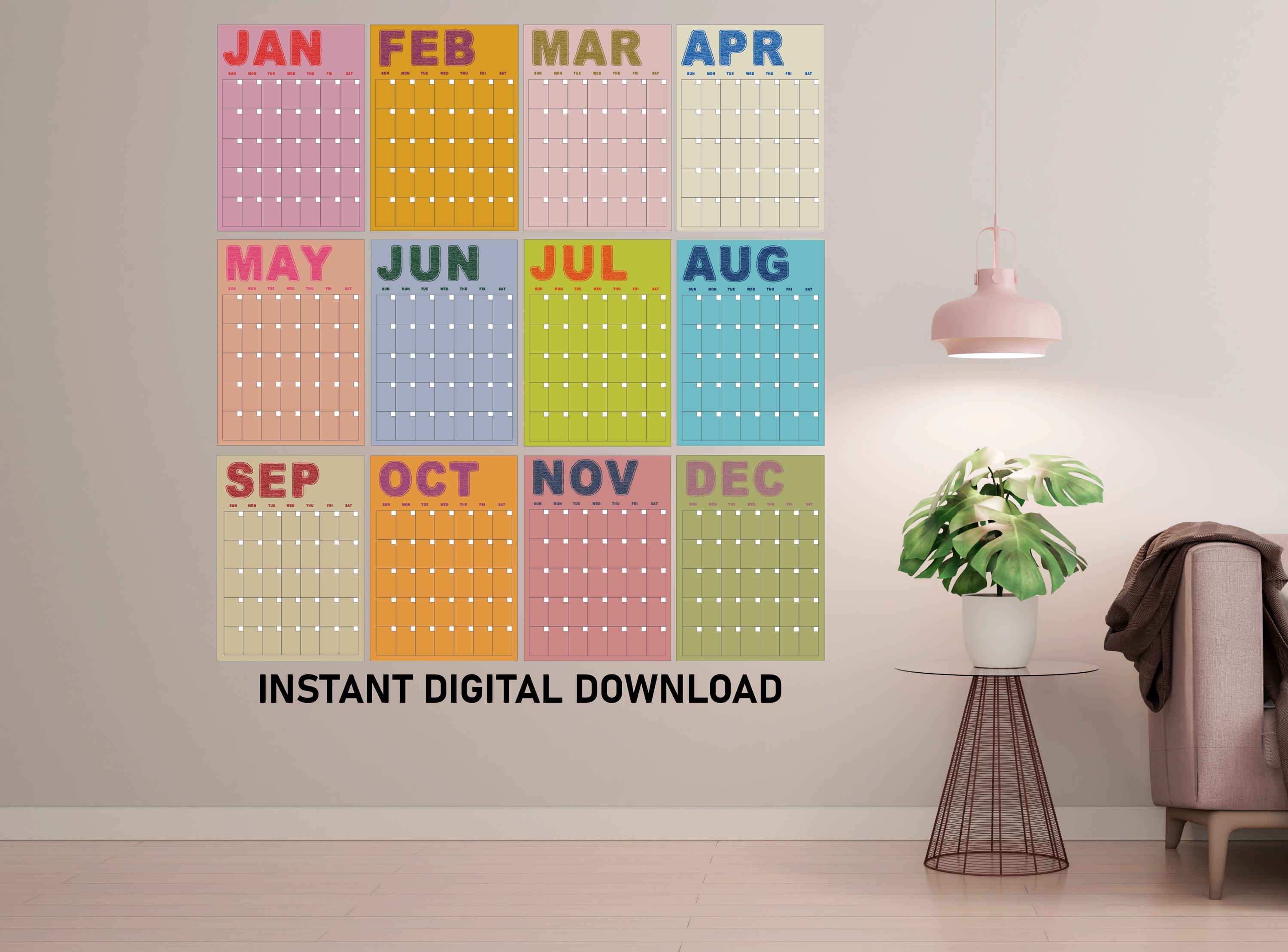 Large Monthly Wall Calendar Printable Bright, Undated Wall Calendar ...