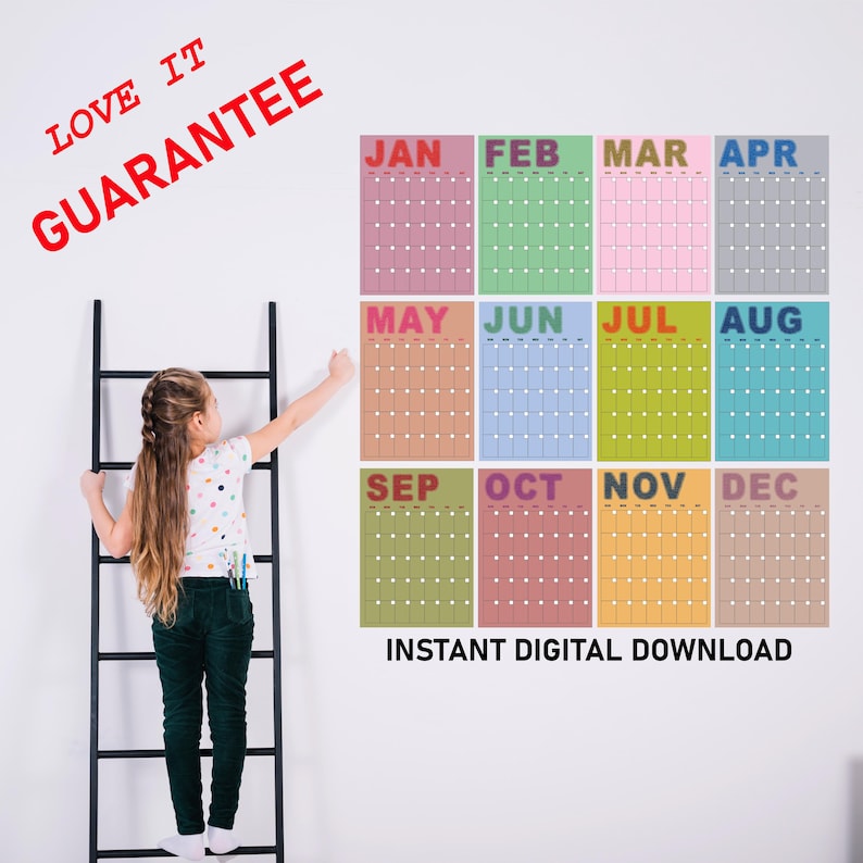 Large Monthly Wall Calendar Printable Bright, Undated Wall Calendar ...