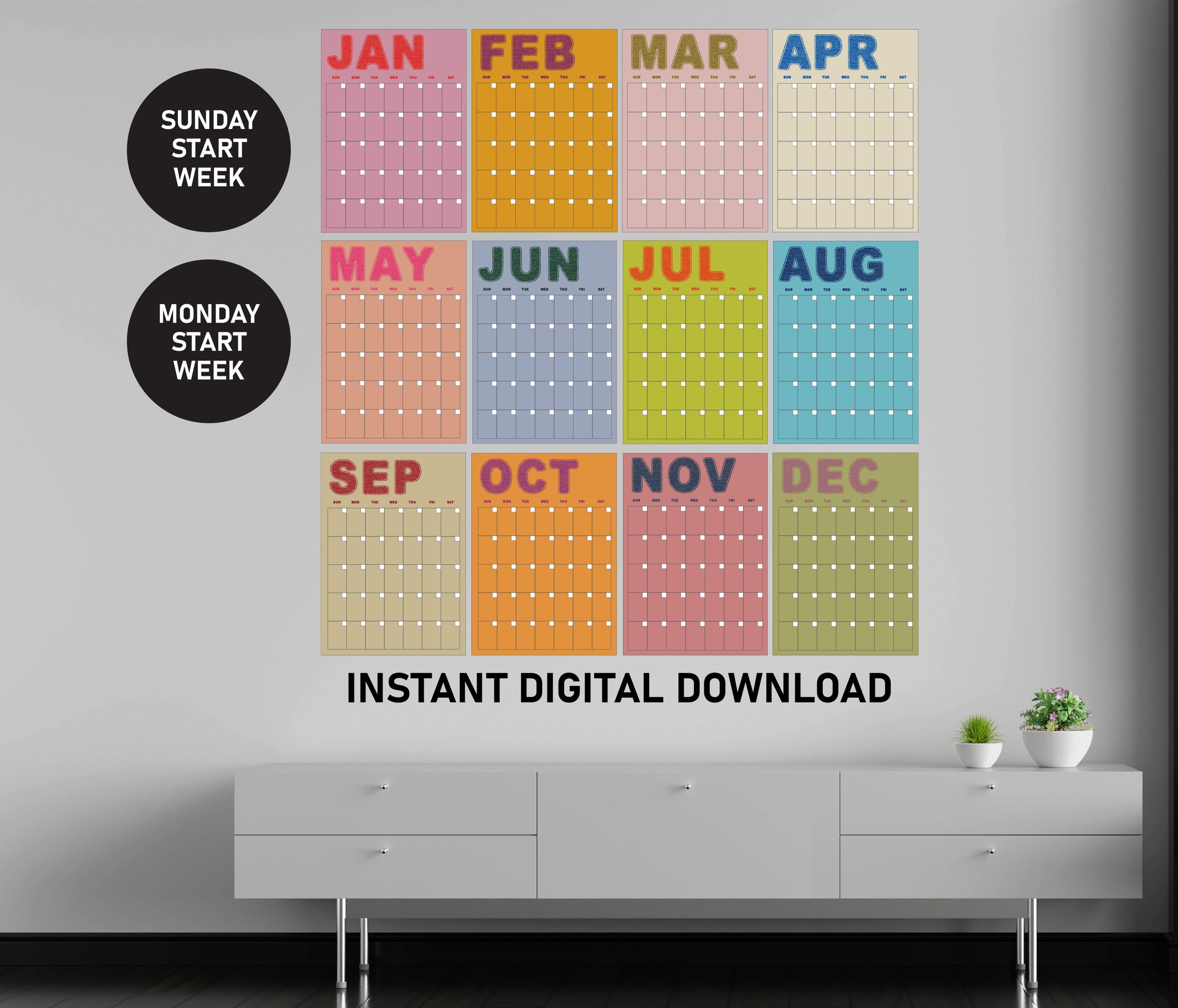 Large Monthly Wall Calendar Printable Bright, Undated Wall Calendar ...