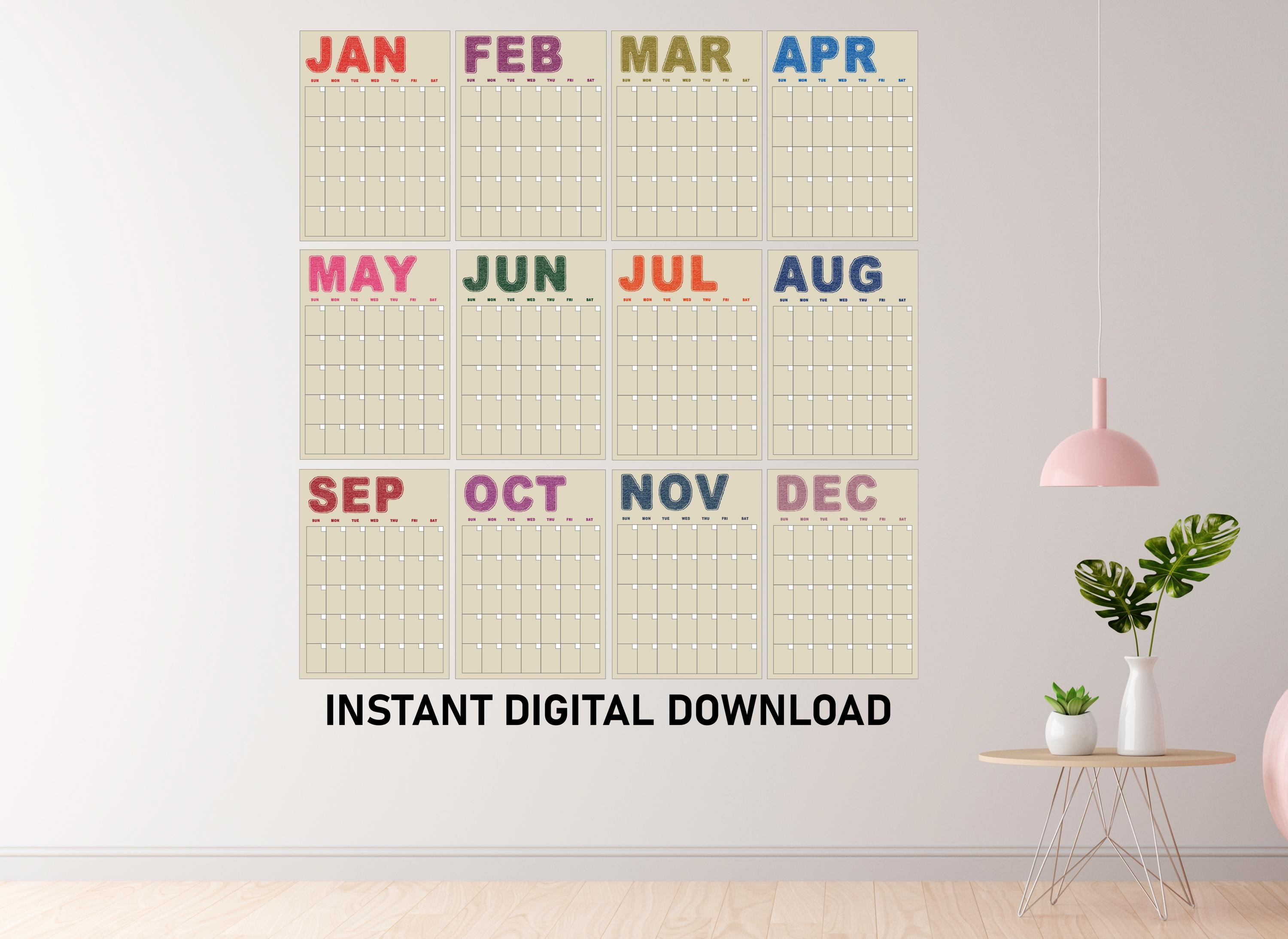 Large Monthly Wall Calendar A3 A4 PDF, Pastel Wall Planner, Undated ...