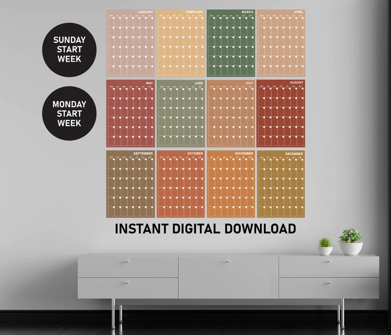Large Monthly Wall Calendar A3 A4 PDF, Pastel Wall Calendar, Undated ...