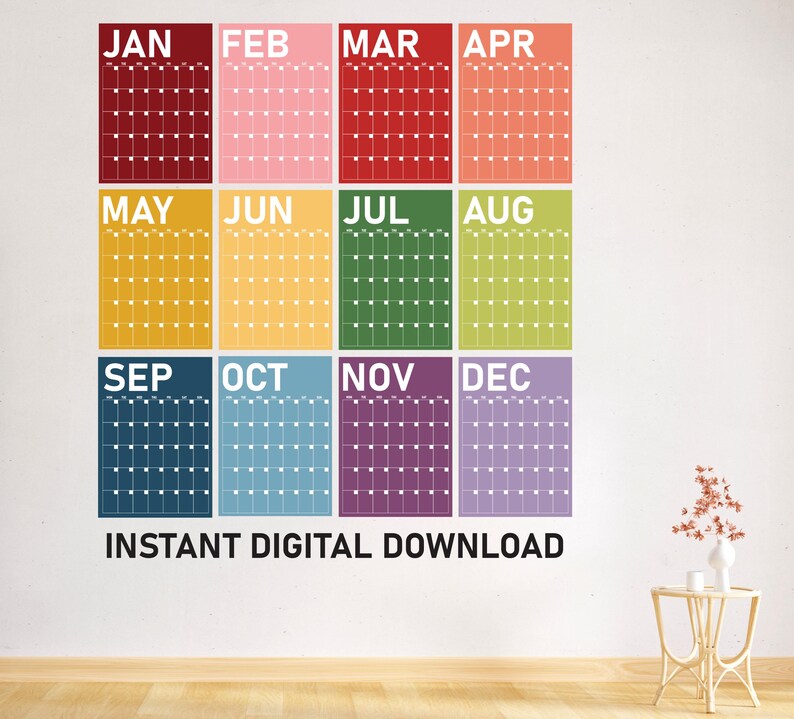 Large Monthly Wall Calendar A3 A4 PDF, Yearly Wall Calendar, Undated Wall Calendar, Yearly Wall ...