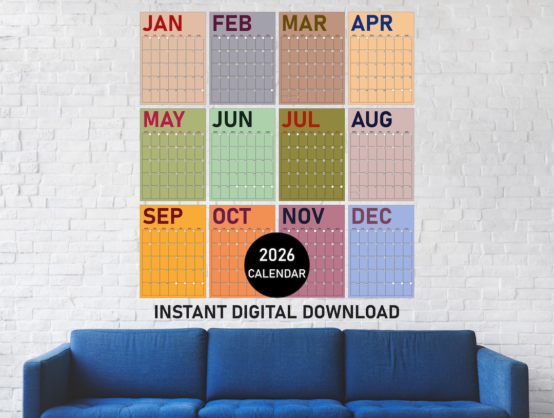 Jaarkalender 2026, maandwandkalender 2026 A3 A4 pdf, pastel muurplanner ...