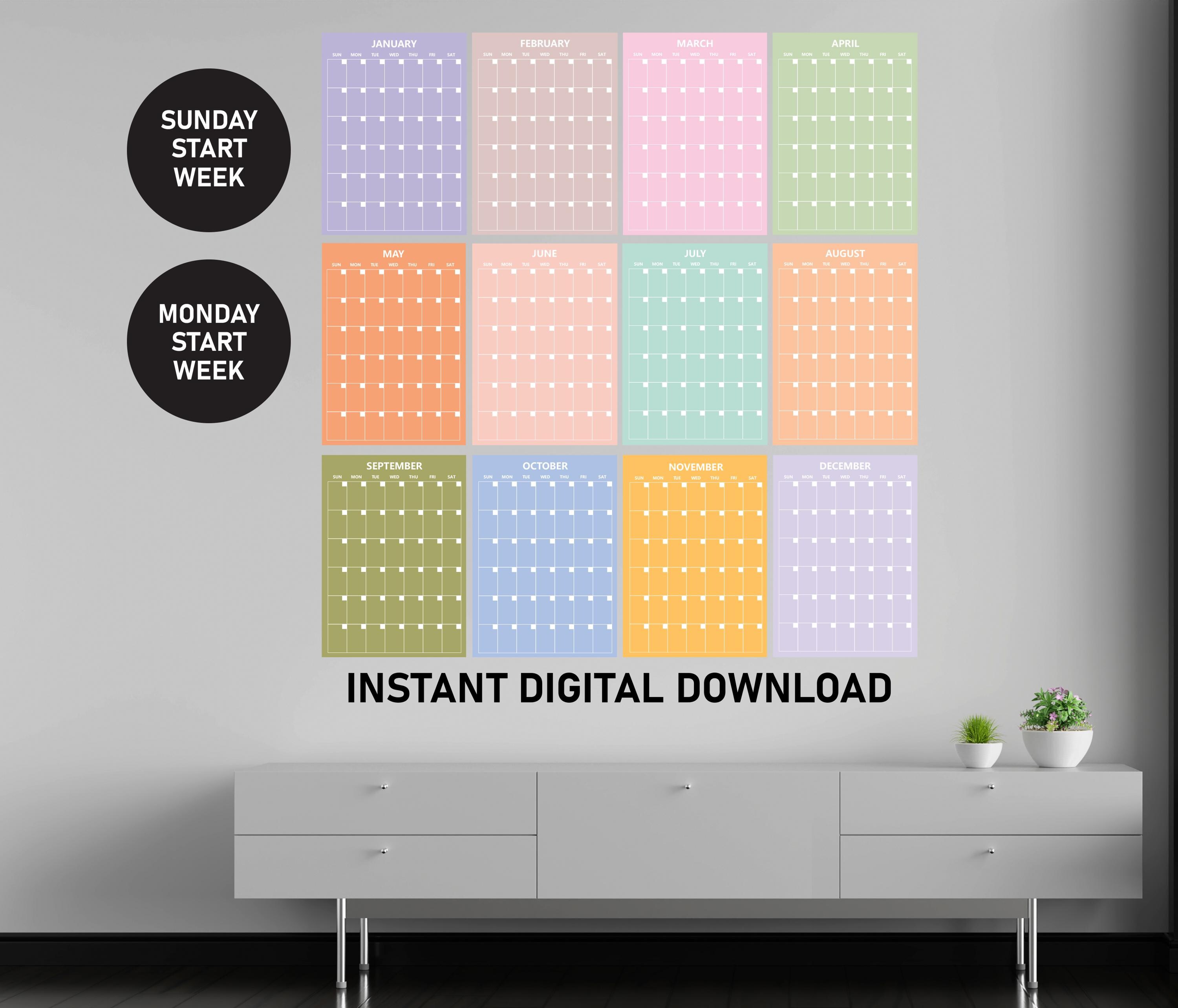 Large Monthly Wall Calendar A3 A4 PDF, Pastel Wall Calendar, Undated ...