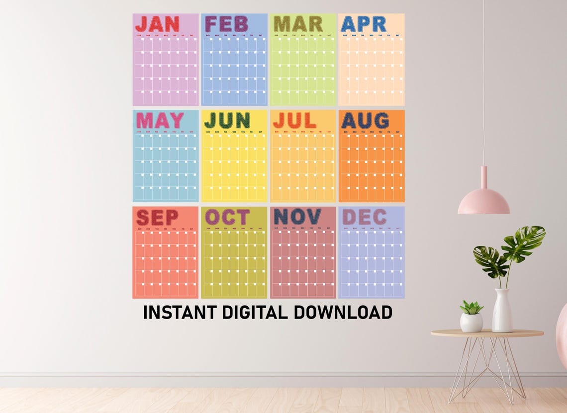 Large Monthly Wall Calendar A4 A3, Pastel Wall Planner PDF, Undated ...