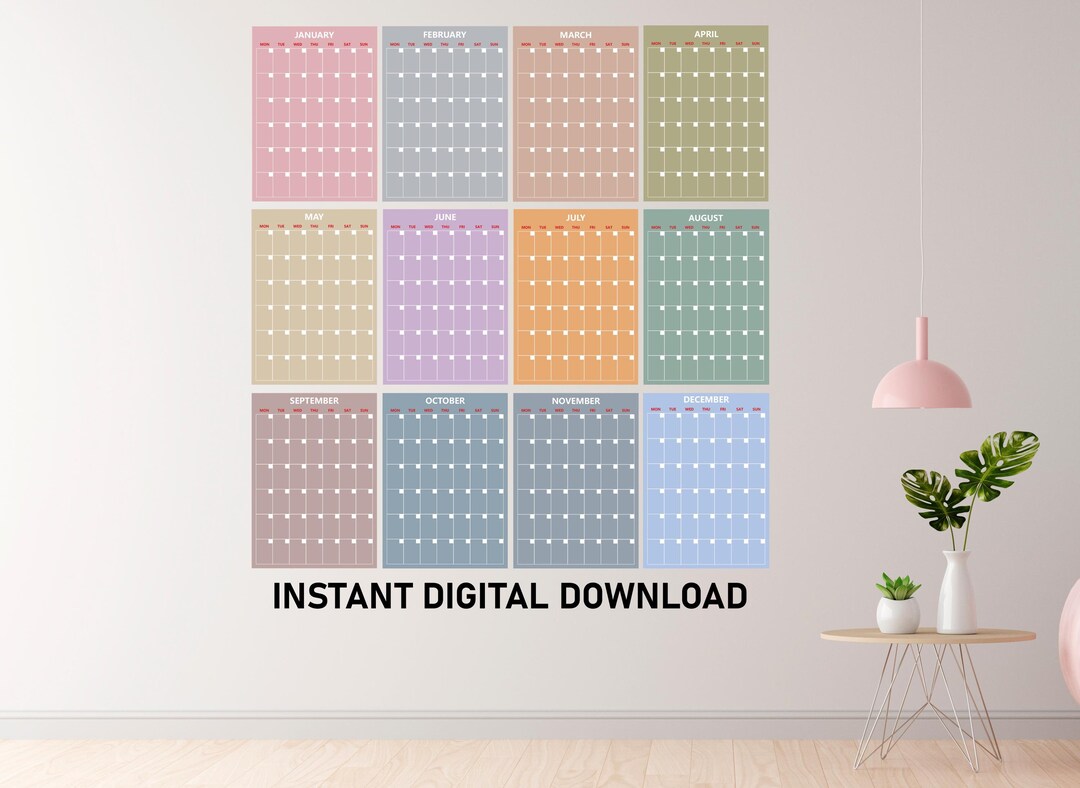 Large Monthly Wall Calendar A3 A4 PDF, Pastel Wall Calendar, Undated ...